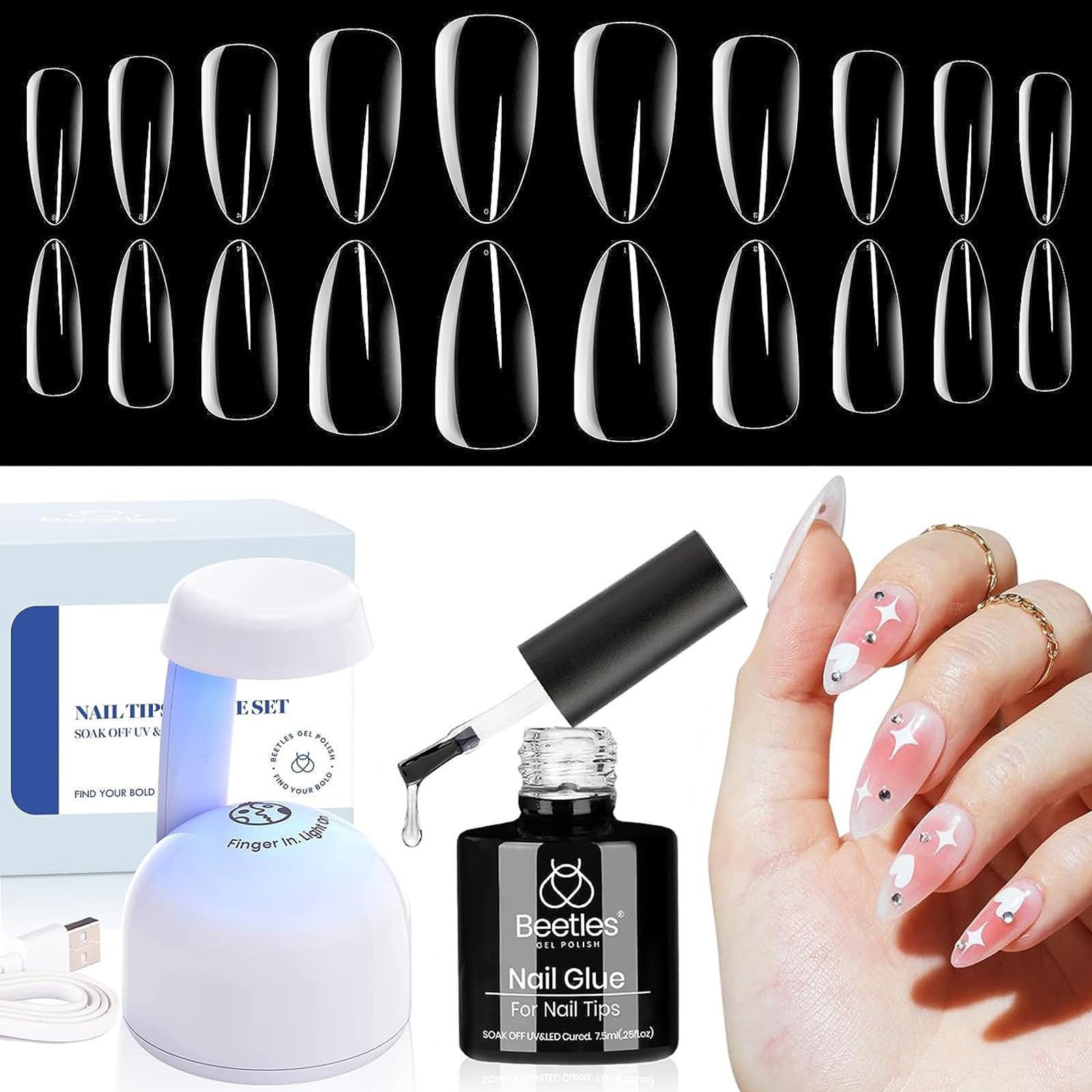 Beetles Gel Nail Kit Easy Nail Extension Set 500Pcs Pre shaped Medium Almond Nail Tips with 5 in 1 Mutipurpose Glue Gel Base Uv Led Nail Lamp for Nail Art Diy Home Gifts for Girls