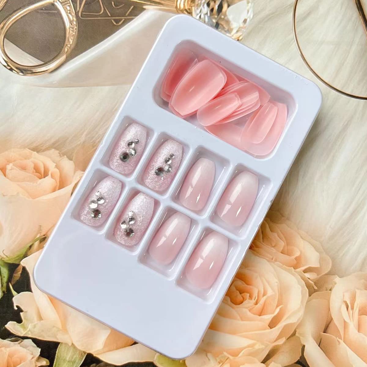 Medium Coffin Nails Press on Glossy Pink White Fake Nails Summer Nail Art Decorations Full Cover Glitter Rhinestone Acrylic Nails Exquisite Design Stick on Nails for Women Girls 24Pcs