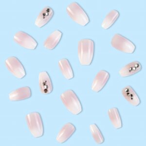 Medium Coffin Nails Press on Glossy Pink White Fake Nails Summer Nail Art Decorations Full Cover Glitter Rhinestone Acrylic Nails Exquisite Design Stick on Nails for Women Girls 24Pcs