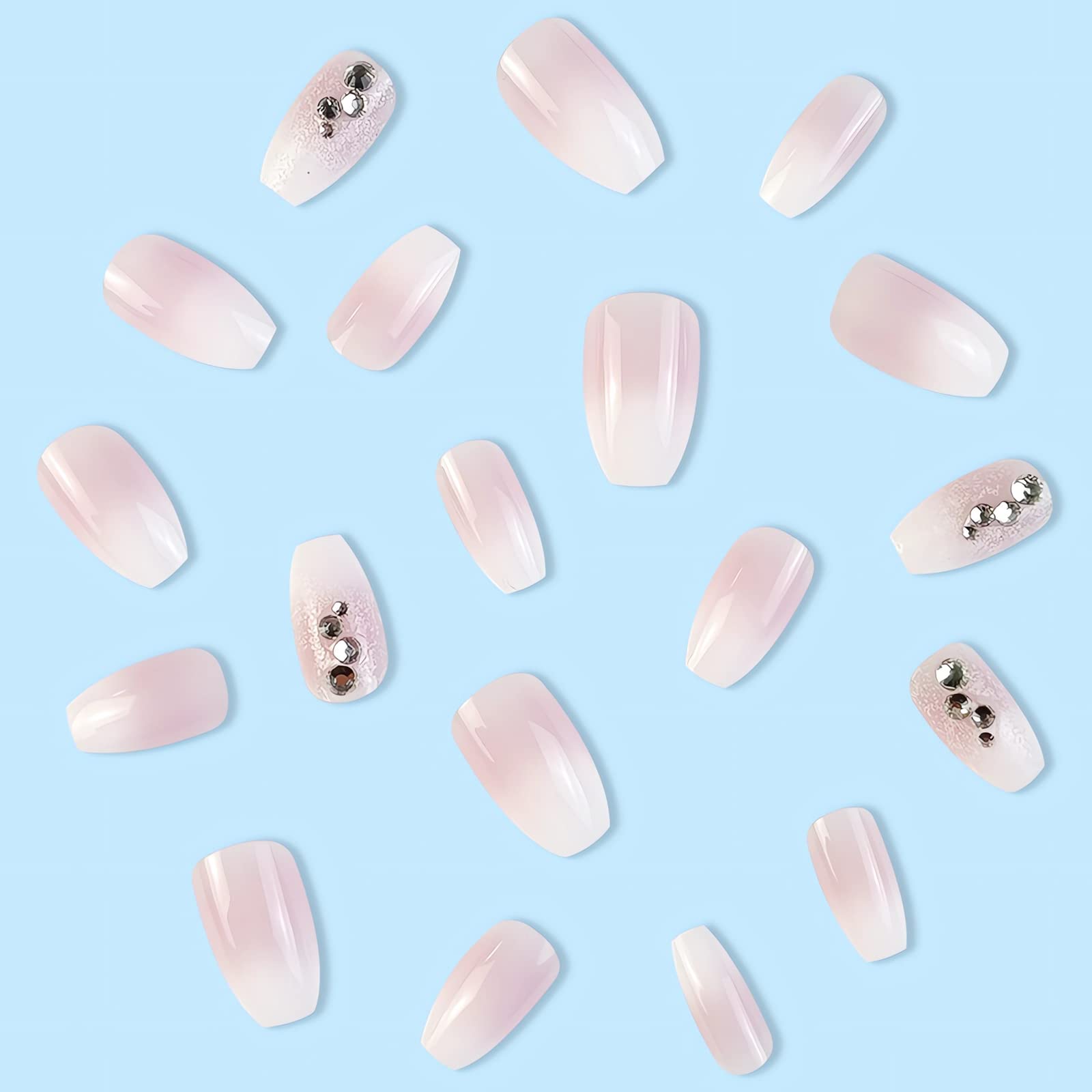 Medium Coffin Nails Press on Glossy Pink White Fake Nails Summer Nail Art Decorations Full Cover Glitter Rhinestone Acrylic Nails Exquisite Design Stick on Nails for Women Girls 24Pcs