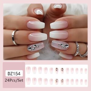 Medium Coffin Nails Press on Glossy Pink White Fake Nails Summer Nail Art Decorations Full Cover Glitter Rhinestone Acrylic Nails Exquisite Design Stick on Nails for Women Girls 24Pcs