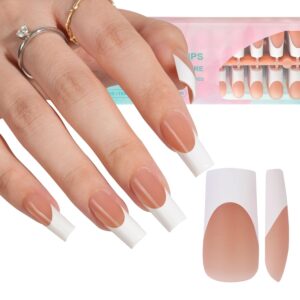 misssix french gel nail tips, 240pcs french tip press on nails long square brown, no need to file 3 in 1 tips pre-lasting, fake nails for nail art diy 15 sizes