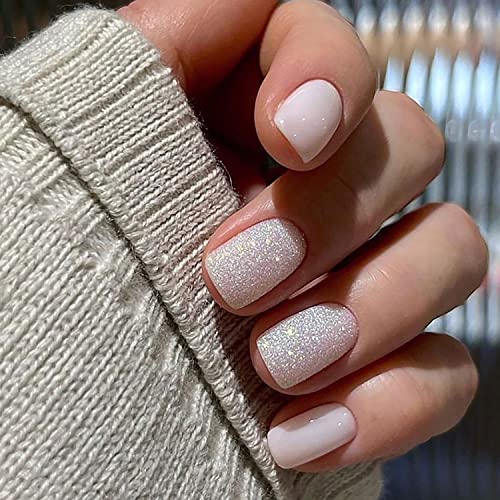 KSTBJN 24 Pcs Short Press on Nails Cute Square Fake Nails, Glitter Glue on Nails with Design Full Cover Stick on Nails Light Pink Acrylic Nails Glossy Artificial False Nails for Women DIY Manicure