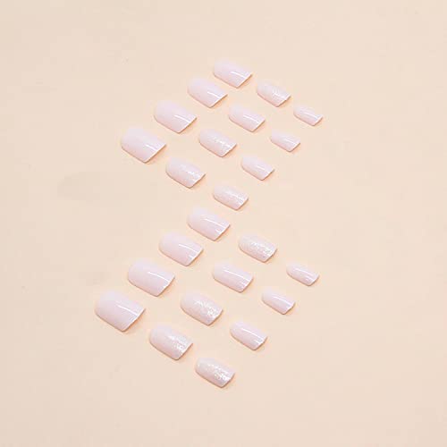 KSTBJN 24 Pcs Short Press on Nails Cute Square Fake Nails, Glitter Glue on Nails with Design Full Cover Stick on Nails Light Pink Acrylic Nails Glossy Artificial False Nails for Women DIY Manicure