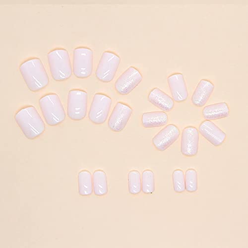 KSTBJN 24 Pcs Short Press on Nails Cute Square Fake Nails, Glitter Glue on Nails with Design Full Cover Stick on Nails Light Pink Acrylic Nails Glossy Artificial False Nails for Women DIY Manicure