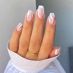 24 pcs press on nails short, luvehandicraft glossy fake nails coffin, false nails with glue for women and girls (pink white swirl), 28 piece set