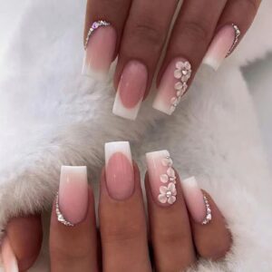 24 pcs french tip square press on nails with rhinestones & flowers - glossy full cover false acrylic nails for women & girls