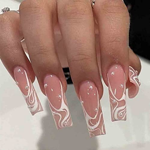 Foccna Square Press on Nails Long, Pearl Pink Fake Nails Acrylic False Nails,Artificial Nails for Women and Girls 24 pcs