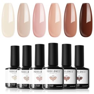 modelones gel nail polish set- 6 colors nude gel polish all seasons skin tones pink neutral brown gel polish kit, soak off led gel nail kit manicure diy home