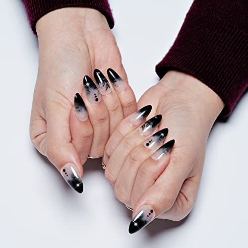 GLAMERMAID Press on Nails Medium Almond, Gothic Black Ombre French Tip Glue on Gel Nails, 24Pcs Short Stiletto Acrylic False Nails Kits Reusable UV Finish Full Cover Stick on Nails for Women Girls