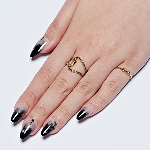 GLAMERMAID Press on Nails Medium Almond, Gothic Black Ombre French Tip Glue on Gel Nails, 24Pcs Short Stiletto Acrylic False Nails Kits Reusable UV Finish Full Cover Stick on Nails for Women Girls