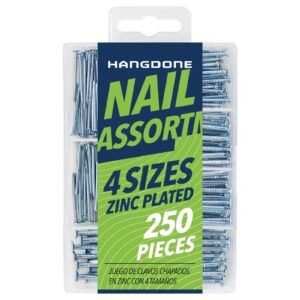 hangdone nail assortment 250-pieces, 4 sizes, assorted nails kit for wood/drywall, zinc plated finish