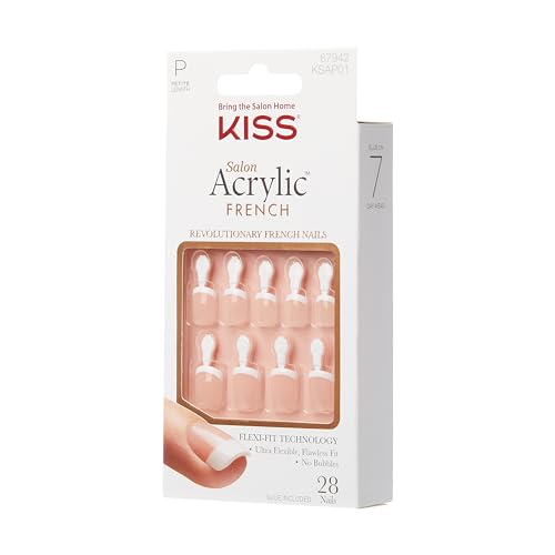 KISS Salon Acrylic, Press-On Nails, Nail glue included, Crush Hour', French, Petite Size, Squoval Shape, Includes 28 Nails, 2g Glue, 1 Manicure Stick, 1 Mini File