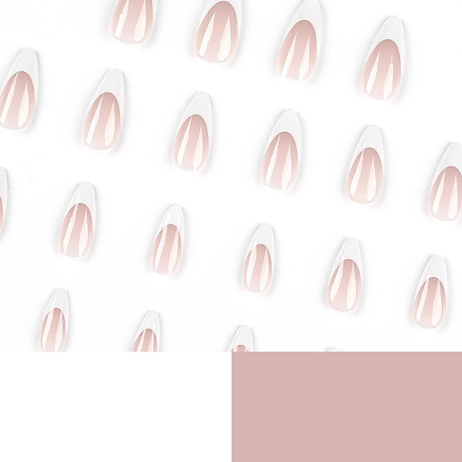 French Tip Press on Nails Long Almond Fake Nails White Tip（wide tip）Nude Pink Glossy Acrylic False Nails Kit for Women Girls Artificial Nails 24 Pcs