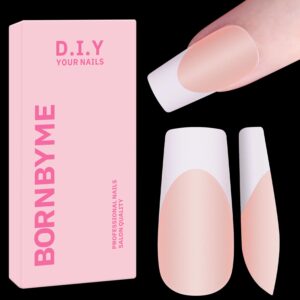 medium square french tips gel nail tips, bornbyme white french tip nails 120pcs matte press on nails, primer & base coat 3 gels pre 12 sizes pre-french soft gel fake false nails for nail extension