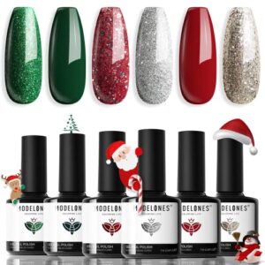 modelones christmas nail polish set 6 colors, winter sparkle dark green red glitter silver champagne rose gold shades nail polish kit fall manicure diy nail art salon home gift for women