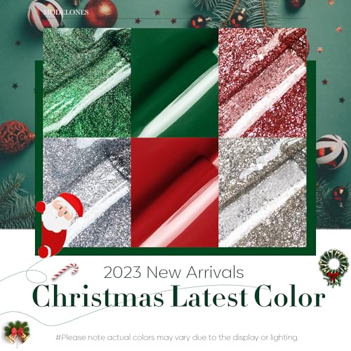 modelones Christmas Nail Polish Set 6 Colors, Winter Sparkle Dark Green Red Glitter Silver Champagne Rose Gold Shades Nail Polish Kit Fall Manicure DIY Nail Art Salon Home Gift For Women