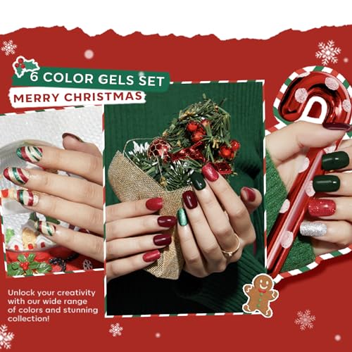 modelones Christmas Nail Polish Set 6 Colors, Winter Sparkle Dark Green Red Glitter Silver Champagne Rose Gold Shades Nail Polish Kit Fall Manicure DIY Nail Art Salon Home Gift For Women