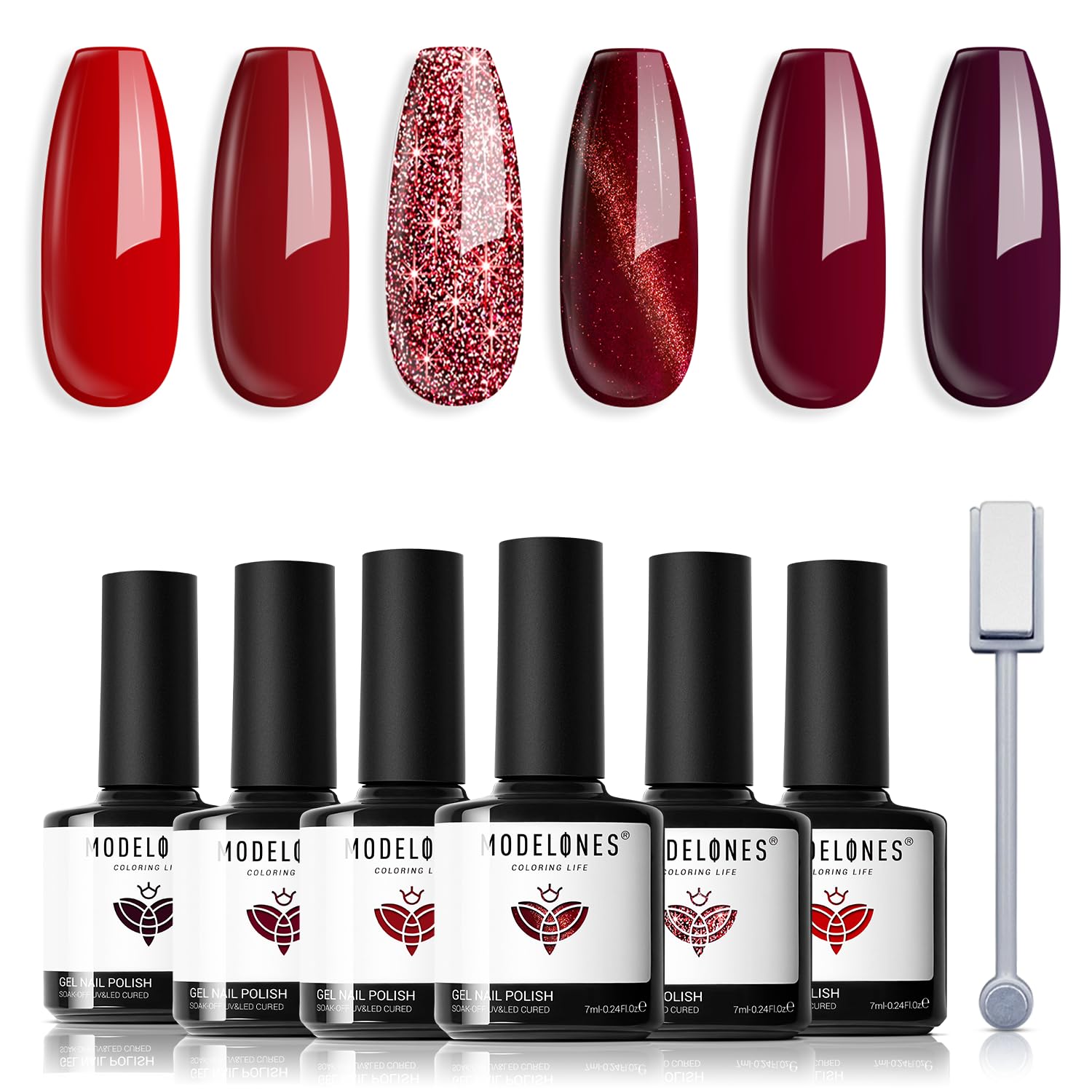 modelones Red Gel Nail Polish Set - 6 Colors Ruby Sparks Collection Popular Glitter Gel Polish Cat Eye Magnetic Gel Burgundy Red Sparkle Bloody Nail Polish Kit Art DIY Salon Gift for Girls Women