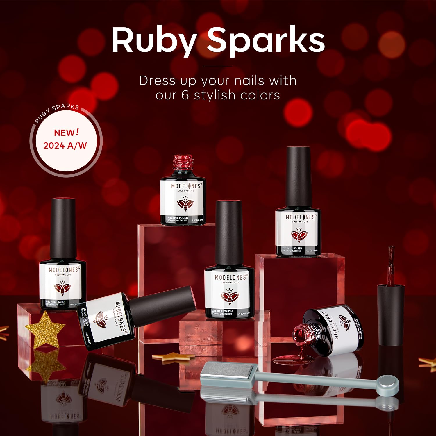 modelones Red Gel Nail Polish Set - 6 Colors Ruby Sparks Collection Popular Glitter Gel Polish Cat Eye Magnetic Gel Burgundy Red Sparkle Bloody Nail Polish Kit Art DIY Salon Gift for Girls Women