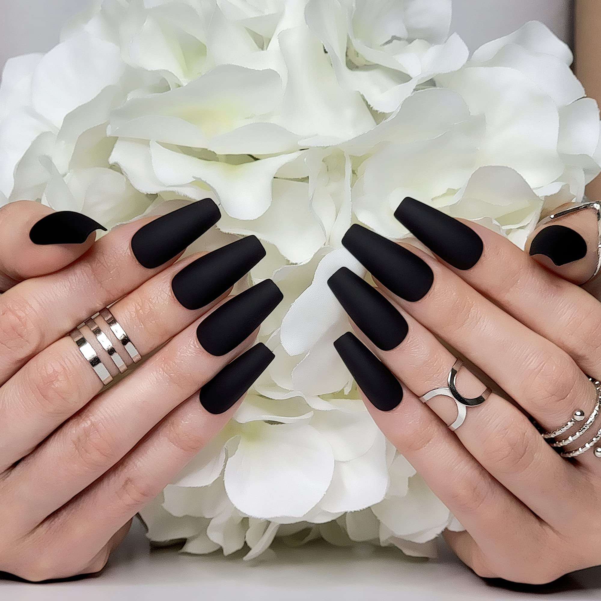 Hypnaughty 24 Pcs Noir Black Matte Luxury Coffin Press on Nails with Glue Medium Long Solid Black Color False Nails (Noir)