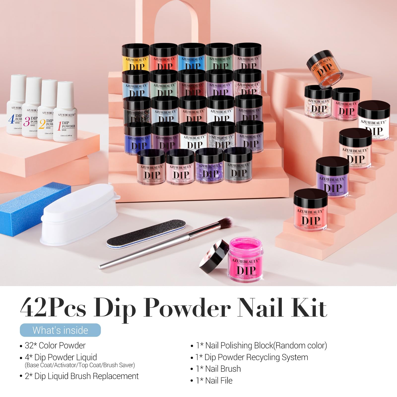 Dip Powder Nail Kit 42 Pcs, AZUREBEAUTY All Season Color Series Nail Dipping Powder Starter Kit Dip System with Essential Liquid and Dip Recycling Tray Set for French Nail Art Manicure Salon DIY Home