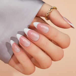 white french press on nails almond short - jofay fahion french tip press on nails almond, white fake nails with nail glue, glue on nails in 12sizes - 24pcs acrylic stick on nails, white french