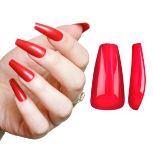 allkem press on nails - red glossy medium long tapered ballerina | 10 sizes - 20 pcs coffin nail kit with glue