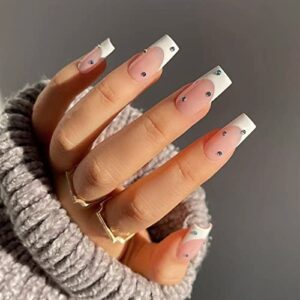 imsohot coffin medium press on nails french white fake nails glue on nails ballerina rhinestone false nails with designs glossy full cover acrylic nails for women and girls