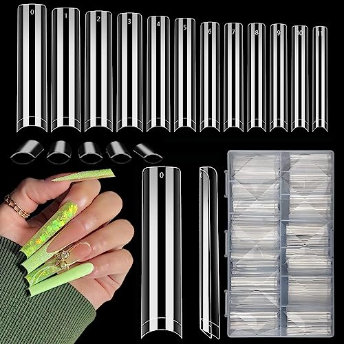 LIONVISON 504PCS NO C CURVE Clear Nail Tips for Acrylic Nails Professional, 3XL Extra Long Flat Tapered Square Nail Tips, 12 Sizes Half Cover Straight French Fake Nail Tips for Nail Salons Home