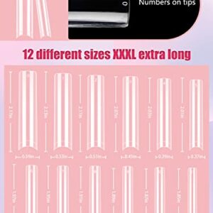 LIONVISON 504PCS NO C CURVE Clear Nail Tips for Acrylic Nails Professional, 3XL Extra Long Flat Tapered Square Nail Tips, 12 Sizes Half Cover Straight French Fake Nail Tips for Nail Salons Home