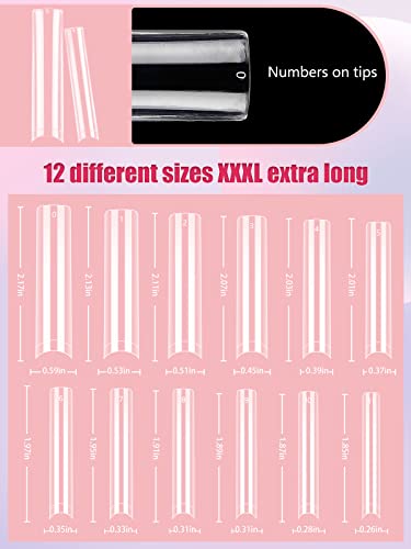 LIONVISON 504PCS NO C CURVE Clear Nail Tips for Acrylic Nails Professional, 3XL Extra Long Flat Tapered Square Nail Tips, 12 Sizes Half Cover Straight French Fake Nail Tips for Nail Salons Home