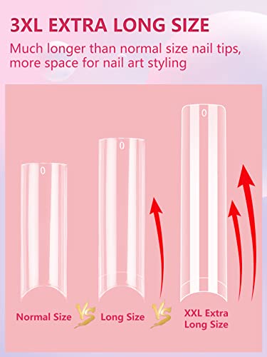 LIONVISON 504PCS NO C CURVE Clear Nail Tips for Acrylic Nails Professional, 3XL Extra Long Flat Tapered Square Nail Tips, 12 Sizes Half Cover Straight French Fake Nail Tips for Nail Salons Home