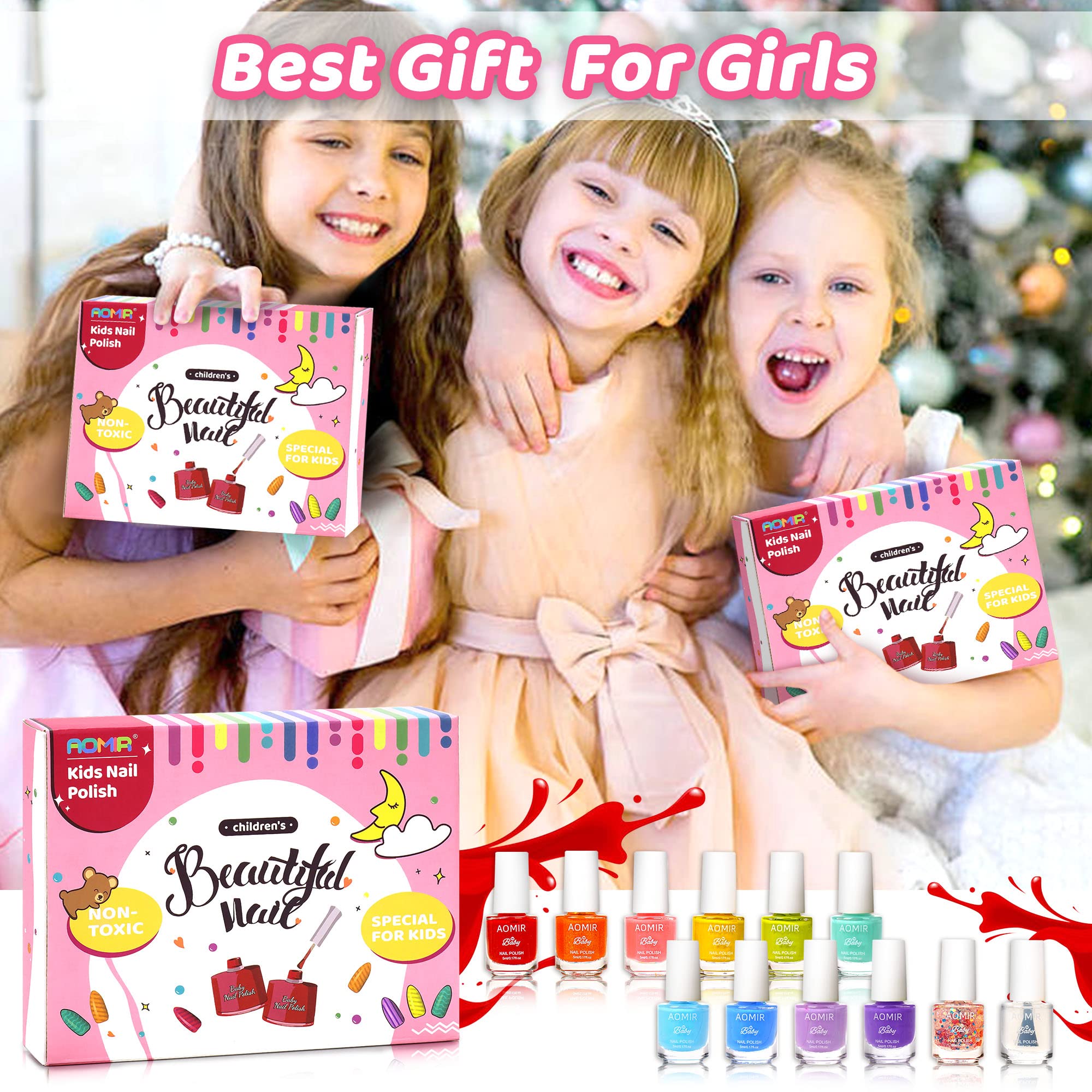 AOMIR kids nail polish set,Non Toxic Kids Nail Polish Set for Toddler,Water-Based Natural Safe Quick Dry Nail Polish Kit,Birthday Gift Nail Polish Set for Girl (11 Colors + 1 Coat) Kids Ages 3+