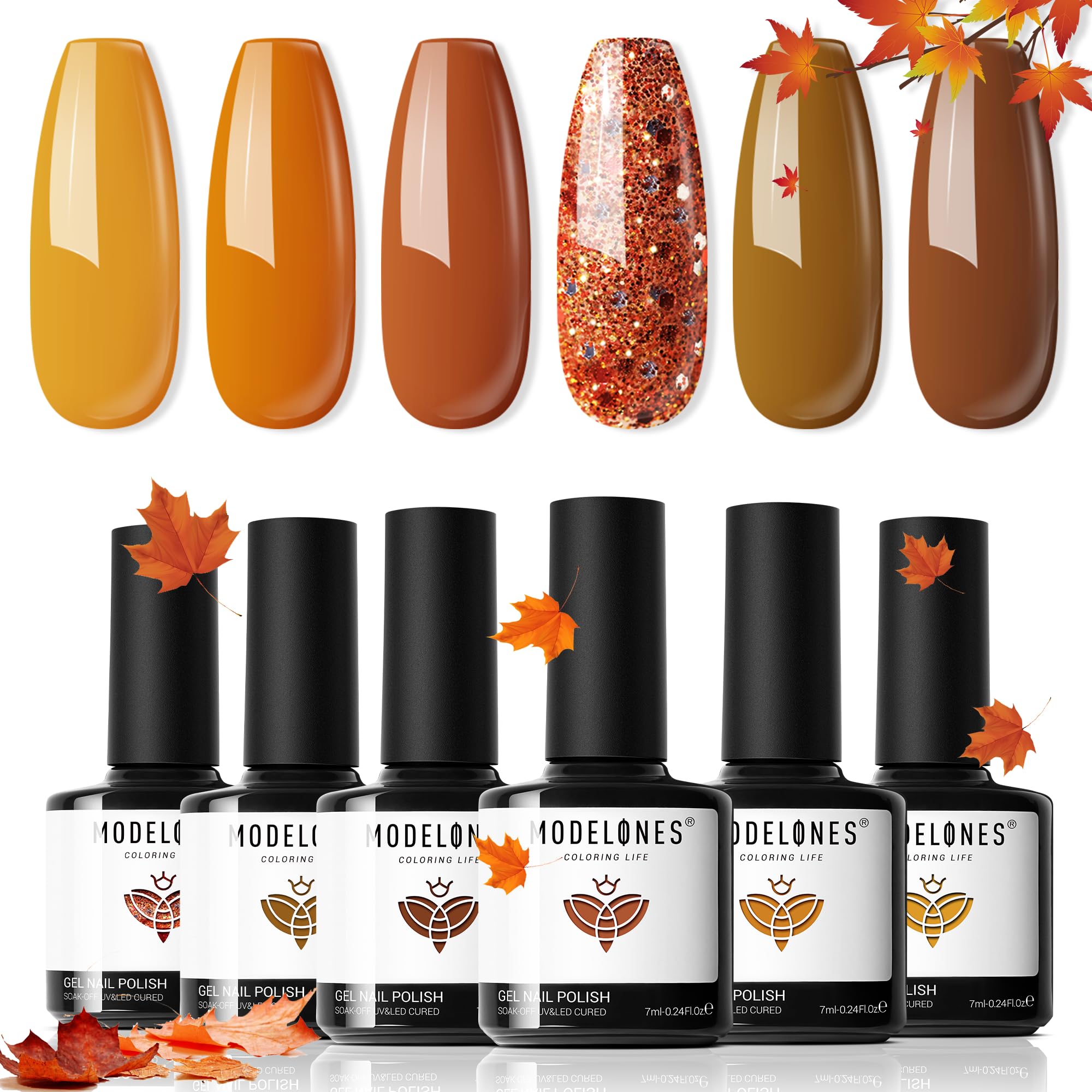 Modelones Fall Gel Polish Set, 6 Colors - Orange, Yellow, Brown, Gold, Glitter - For Winter Nail Art, Manicures, Back to School Gifts