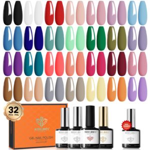 modelones 32 pcs gel nail polish set, 28 colors all seasons gel polish with no wipe base, glossy & matte top coat and nail primer black brown red purple gifts for women diy salon home