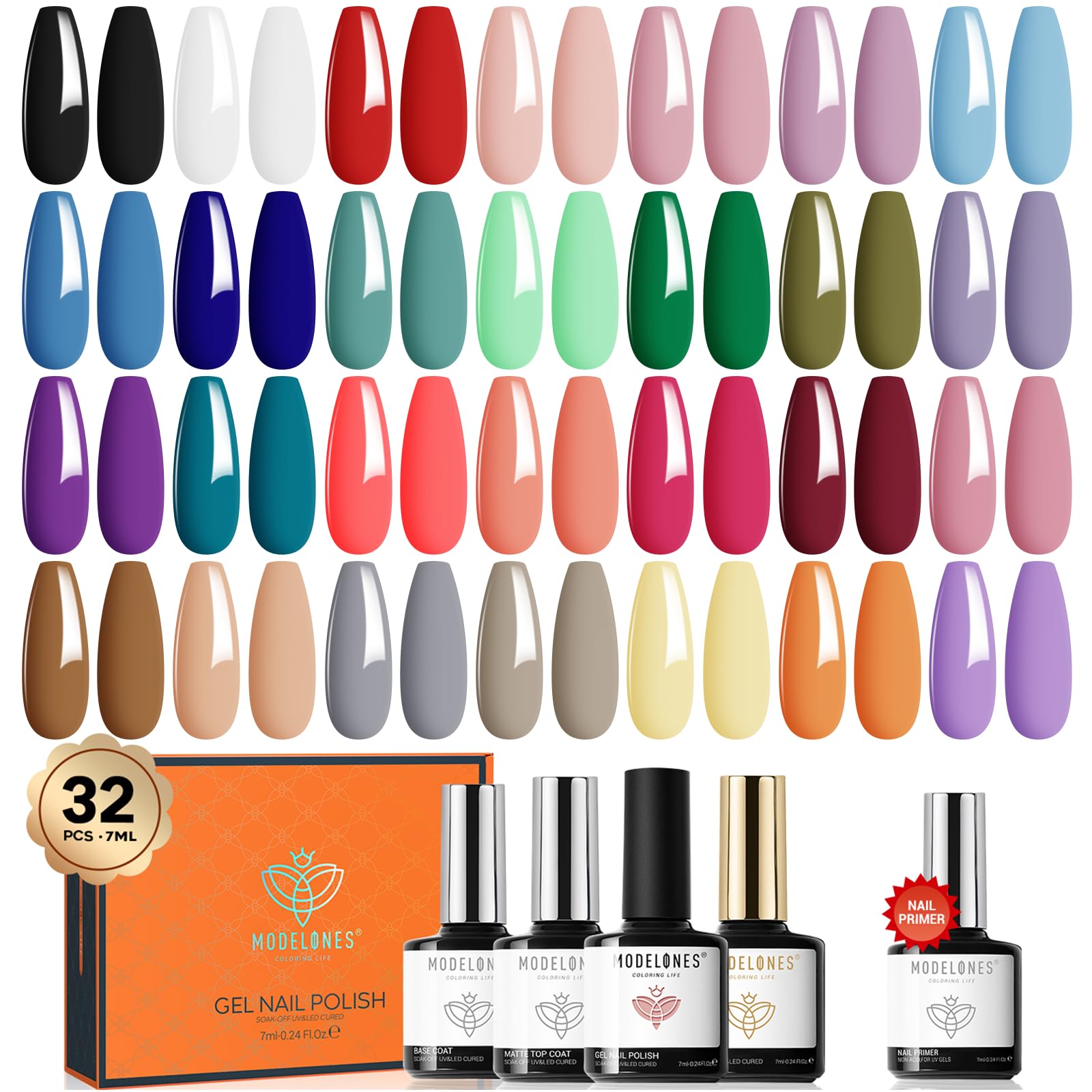 modelones 32 PCS Gel Nail Polish Set, 28 Colors All Seasons Gel Polish with No Wipe Base, Glossy & Matte Top Coat and Nail Primer Black Brown Red Purple Gifts for Women DIY Salon Home