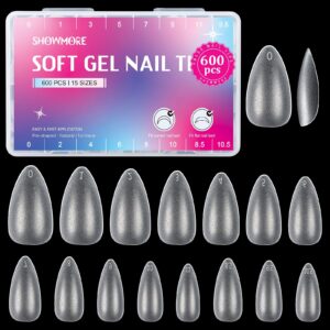 showmore 600pcs medium almond nail tips soft gel pre-shaped full matte full cover acrylic false nail tip press on nails for nail extension diy salon 15 sizes