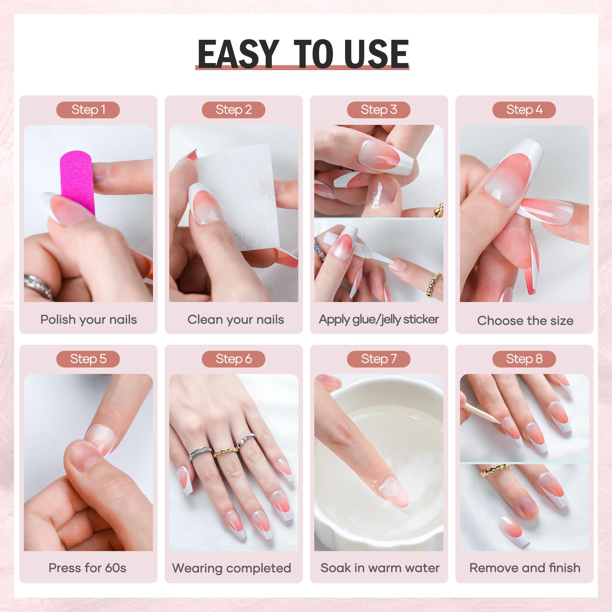 Press on Nails Short Square, Jofay Fashion 24Pcs Reusable Acrylic Fake Nails Gel-Like Solid False Nails Kit with Nail Glue Adhesive Tabs Nail File, DIY Home Salon Manicure for Women (Point Pink)