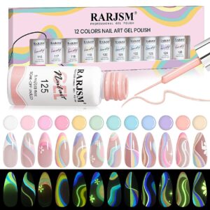 rarjsm glow in the dark nail art gel liner 12 soft pastel colors neon green blue purple pink painting luminous polish set uv led curing requires thin brush for swirl nails design