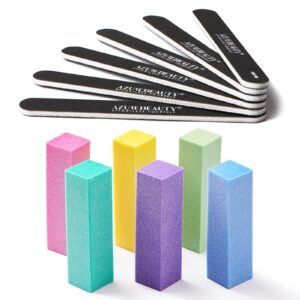 azurebeauty nail files and buffers, 12pcs professional dip powder manicure tools kit, 6 pcs double sided 100/180 grit nail files & 6pcs rectangular nail buffer block random color