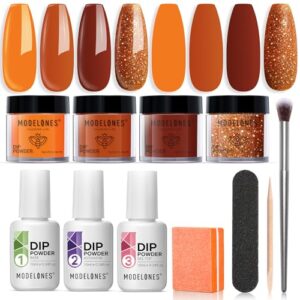 modelones dip powder nail kit starter, 4 colors fall colors orange brown glitter dipping powder liquid set with base top coat activator nail art beginner diy salon gift