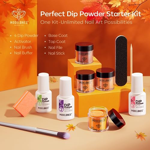 Modelones Dip Powder Nail Kit Starter, 4 Colors Fall Colors Orange Brown Glitter Dipping Powder Liquid Set with Base Top Coat Activator Nail Art Beginner DIY Salon Gift