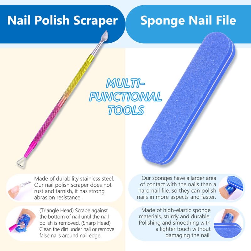 Gel Nail Polish Remover, Peel off in 3-5 Min, Quick & Easy Removes Gel Nail & Acrylic Nails with Sponge Nail File + Nail Polish Scraper, Do Not Hurt Your Nails