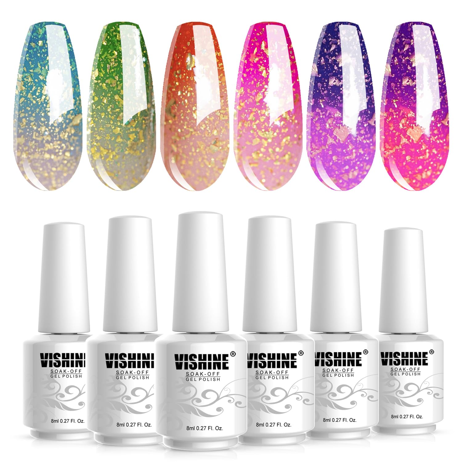 Vishine Color Changing Gel Nail Polish Set Mood Nail Gel Polish Temperature Color Changing UV LED Varnish Chameleon Gel Nail Art 8ml (Set002)