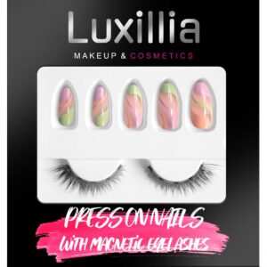 Luxillia Magnetic Eyelashes with Eyeliner Kit Natural Look FREE Press on Nails | UV Finish 24 Nail - 12 Sizes Kit | Reusable Acrylic Fake Nail with Glue