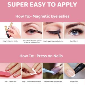 Luxillia Magnetic Eyelashes with Eyeliner Kit Natural Look FREE Press on Nails | UV Finish 24 Nail - 12 Sizes Kit | Reusable Acrylic Fake Nail with Glue