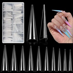 500pcs stiletto nail tips for acrylic nails, xl long clear false nails tips soft traceless, half cover tapered square false nail tips for nail extension nail art, home diy nail salon 10 sizes