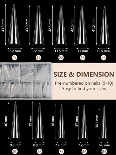 500Pcs Stiletto Nail Tips for Acrylic Nails, XL Long Clear False Nails Tips Soft Traceless, Half Cover Tapered Square False Nail Tips for Nail Extension Nail Art, Home DIY Nail Salon 10 Sizes