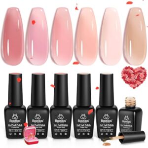 beetles gel nail polish set, 6 colors jelly gel polish nude pink gel neutral nail art design translucent gel nail kits soak off uv nail lamp cured nail manicure diy home for women